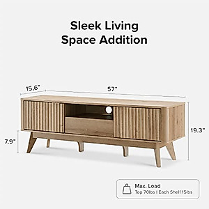 mopio Brooklyn Mid-Century Modern 57" TV Stand with Drawer, for TVs up to 59” Waveform Panel, Sleek Curved Profile with Adjustable Shelf and Sturdy Box Frame Leg (Golden Oak, 57")