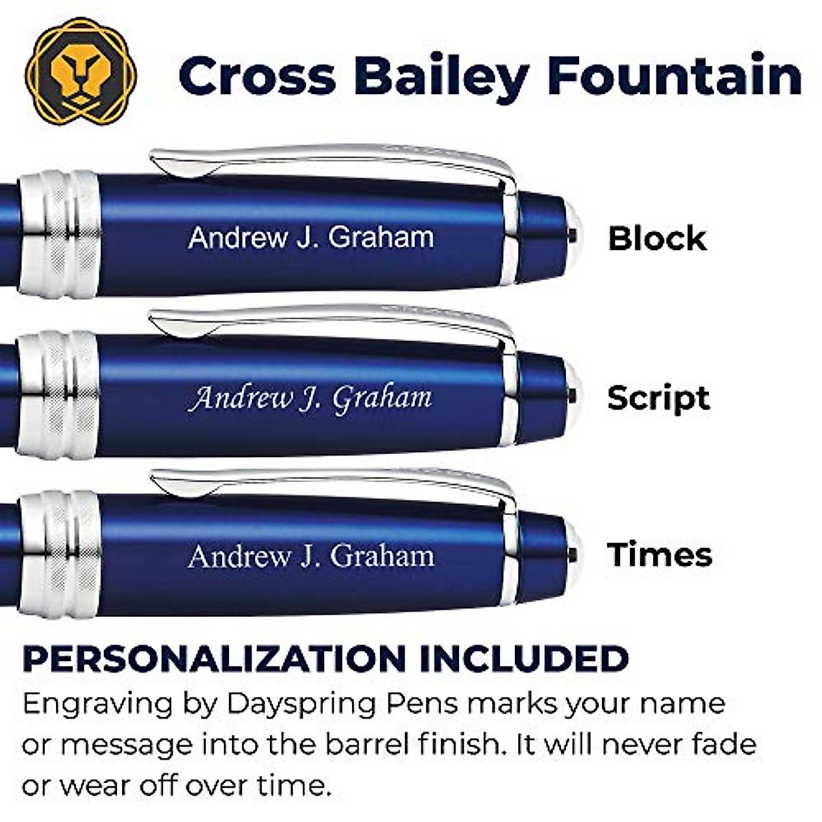 Cross Pen | Engraved/Personalized Cross Bailey Blue Lacquer Fountain Gift Pen - Chrome Trim AT0456-12MS. Custom Engraving Included.