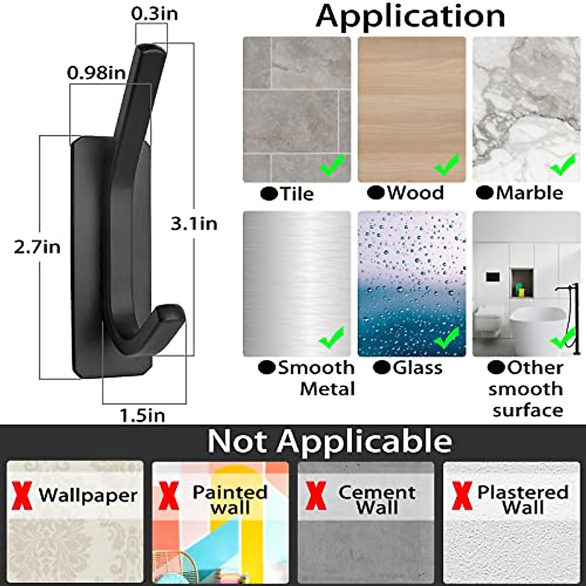 SCUNDA Adhesive Towel Hooks, Stainless Steel Robe Hook Stick on The Bathroom, Kitchen, Shower, Living Room-6 Pack/Matte Black/Heavy Duty