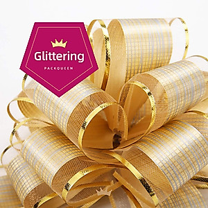 PACKQUEEN 15 Gold Gift Bows Large, 6 inches, Gift Pull Bows for Presents, Christmas Gift Bows Bulk for Baskets