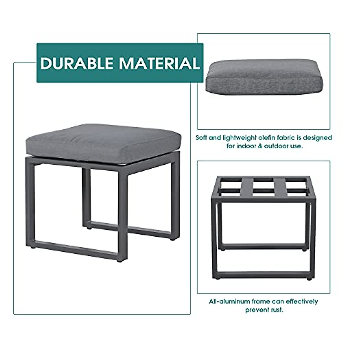 Soleil Jardin Outdoor Ottomans for Patio Set of 2, Assembled Aluminum Outdoor Footstool with Grey Cushions, Small Seat Furniture for Garden Yard Deck Poolside, Dark-Grey Frame