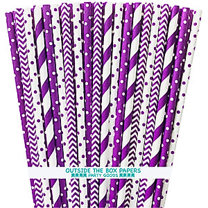 Purple Paper Straws - Stripe Chevron Polka Dot - 7.75 Inches - 100 Pack - Outside the Box Papers Brand