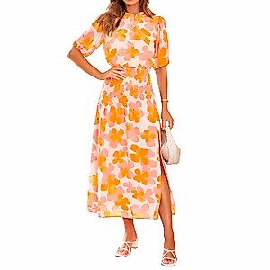 PRETTYGARDEN Women Summer Casual Ruffle Mock Neck Dress 2023 Short Sleeve Smocked Slit Boho Floral Midi Beach Dresses(Floral White Yellow,Large)