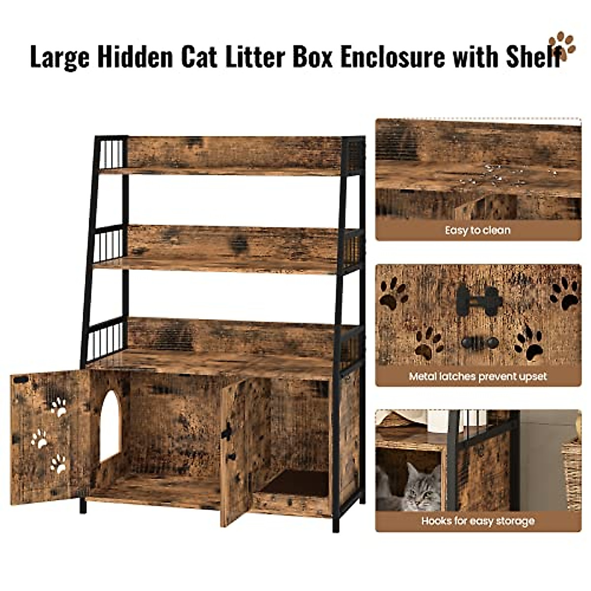 Recaceik Large Cat Litter Box Enclosure with Shelf Storage, Hidden Cat Washroom Furniture, Wooden Cat House with Scratch Pad, Sturdy Indoor Cat Cabinet with 2 Doors