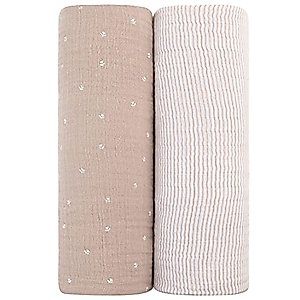 Ely’s &Co. Muslin Swaddle Blanket 2-Pack — 100% Cotton Muslin Extra-Large Swaddle Blankets (47” x 47”) White Tulip on Pink + Stripes