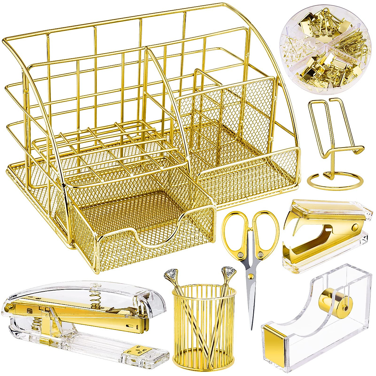 NiOffice Gold Desk Organizer Set with Acrylic Accessories - Includes Stapler, Tape Holder, Pen Holder, Scissors, Phone Holder, Binder Clips, Staple Remover and 1000 Staples