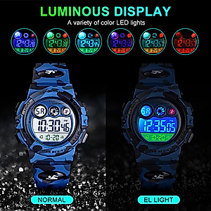 GOLDEN HOUR Watches for Kids Digital Sport Waterproof Boys Watch Outdoor 12/24 H Alarm EL Backlight Stopwatch Military Child Wristwatch Ages 3-15 (Camouflage Dark Blue)