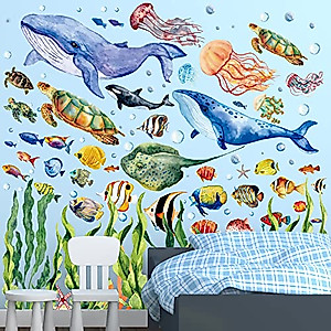 Glow in The Dark Under The Sea Wall Decals Glowing Ocean World Themed Wall Stickers Sea Turtle Seaweed Jellyfish Removable Wall Decor for Bathroom Bedroom Nursery Toddler Kids Boys Girls Room