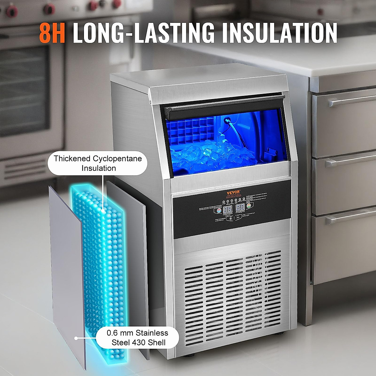 VEVOR Commercial Ice Maker, 90lbs/24H, Ice Maker Machine, 45 Ice Cubes in 12-15 Minutes, Freestanding Cabinet Ice Maker with 24lbs Storage Capacity LED Digital Display, for Bar Home Office Restaurant