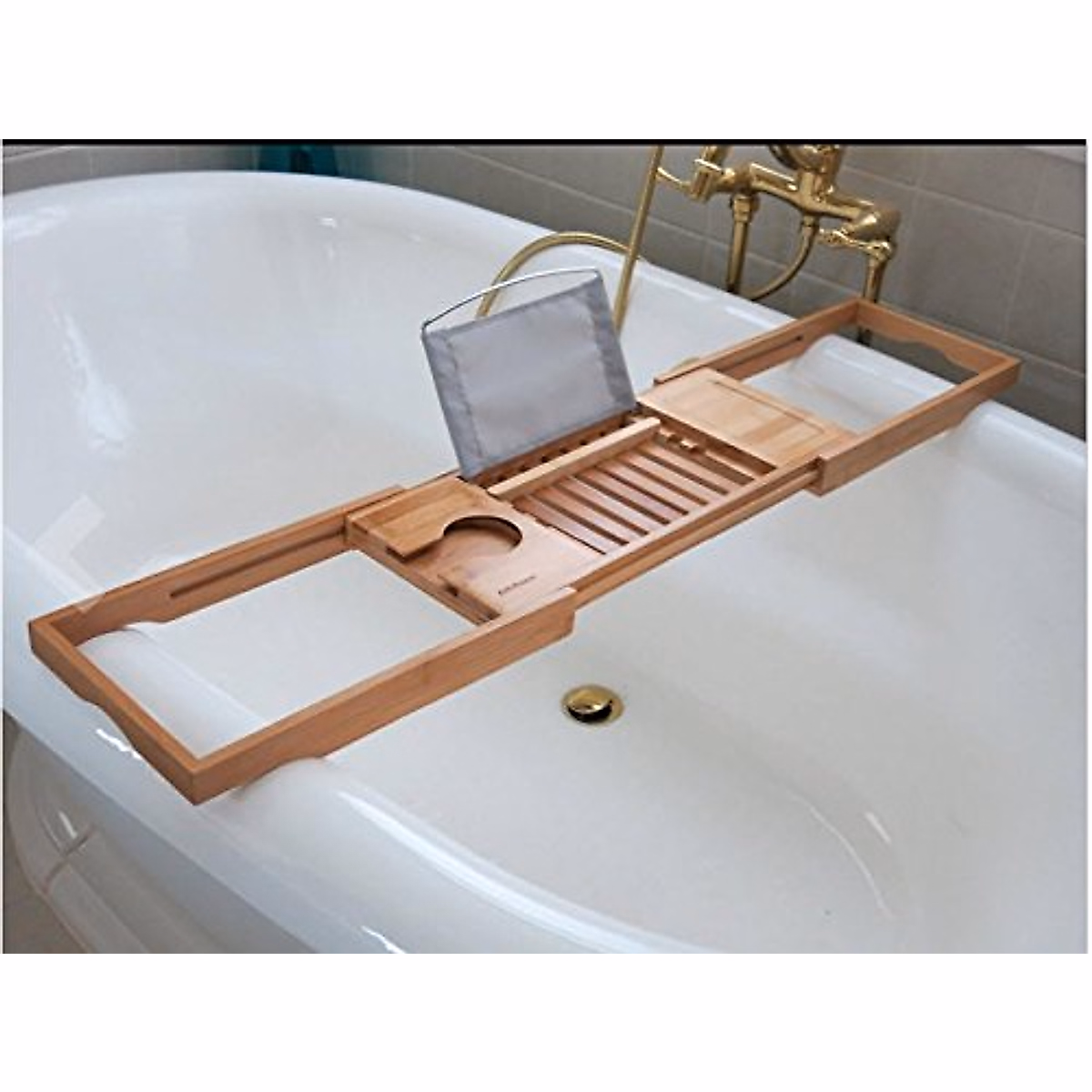 Bamboo Bathtub Tray - Wood Bath Caddy with Book, Phone, or Tablet Rest, Cup Holder, and Extended Sides for Bath Accessories by Home-Complete (Natural)