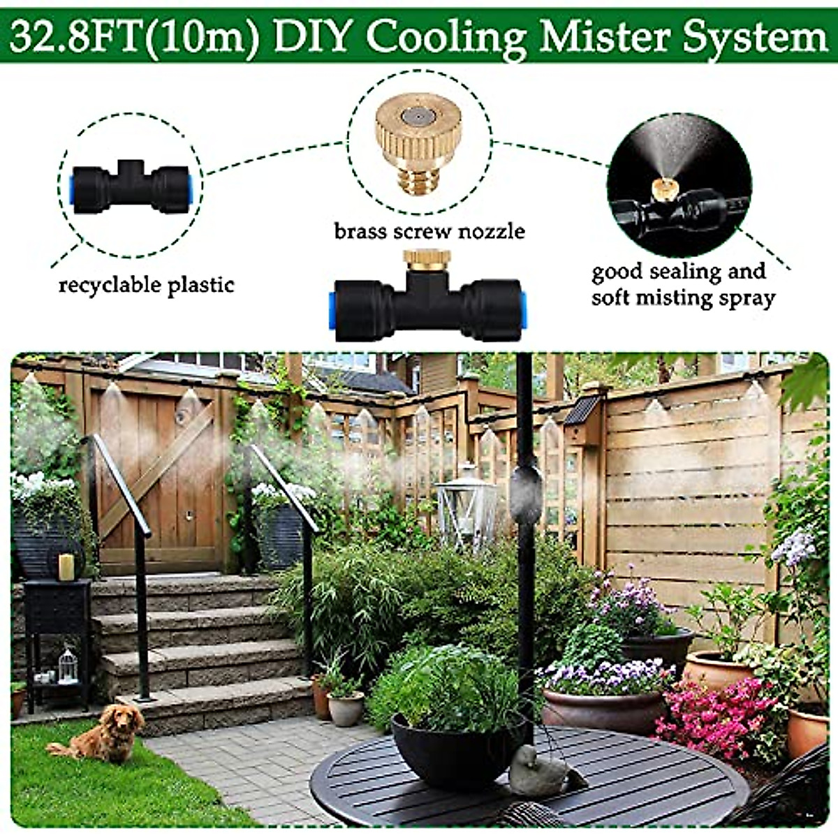 G GOYEA TACTICAL Mister System for Outside Patio,DIY Outdoor Misting Cooling System with 32.8FT(10M) Misting Line,11 Brass Mist Nozzle and 3/4" Faucet Adapter,Fit for Greenhouse Garden Backyard