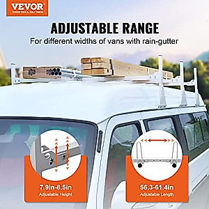 VEVOR Van Roof Ladder Rack, 56.3-61.4" Adjustable Van Racks, 750 lbs Capacity Alloy Steel Roof Racks with Ladder Stoppers, Rain Gutter Racks Compatible with Full-Size Vans, 3 Pcs