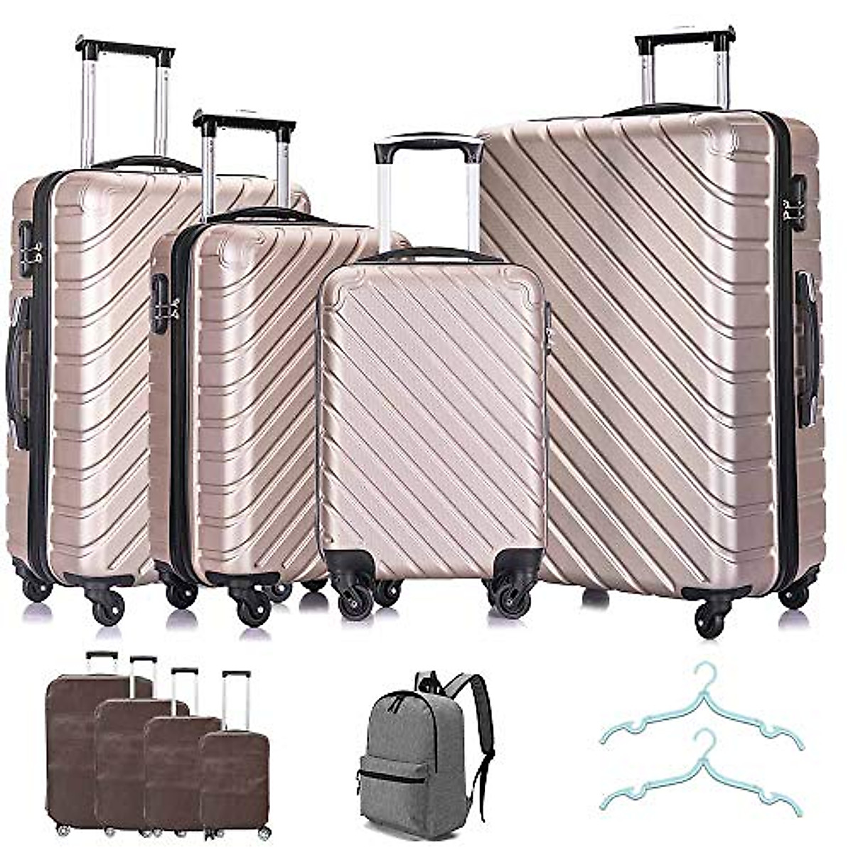 Apelila 5 Piece Hardshell Luggage Sets,Travel Suitcase,Carry On Luggage with Spinner Wheels Free Cover&Hanger Inside (Champagne Gold With Bag)