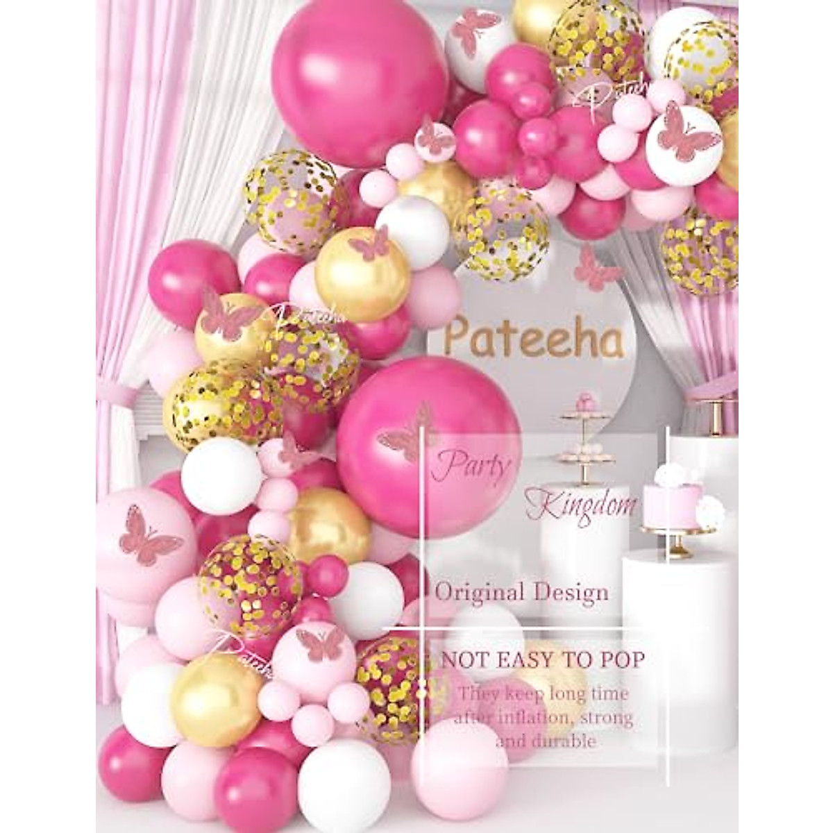 Pateeha Pink Balloon Garland Arch Kit 140 Pcs Hot Pink Gold Balloon Arch Baby Shower Decorations for Girl Butterfly Stickers Gold Confetti Latex Balloons for Birthday Bridal Shower Party Decorations
