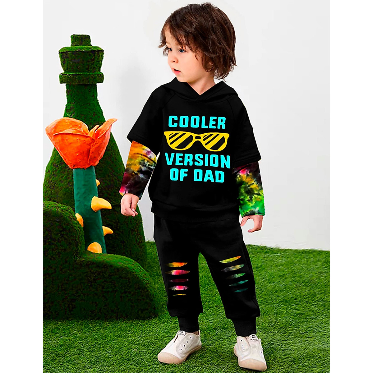 AGAPENG Toddler Boy Sweatsuit Hoodie Long Sleeve Letter Print Sweatshirt Ripped Pants Fall Winter Outfits Clothes Set Baby Boy Clothes 18-24 months Baby Boy Winter Clothes 24 Month Boy Clothes