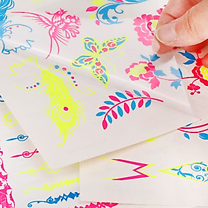 HOWAF 9 Large Sheets Neon Glow in The Dark Temporary Tattoos,100+ Assorted Designs Glow UV Neon Body Face Flowers Butterfly Flash Fake Waterproof Tattoo Stickers for Women Men Girls Body Art