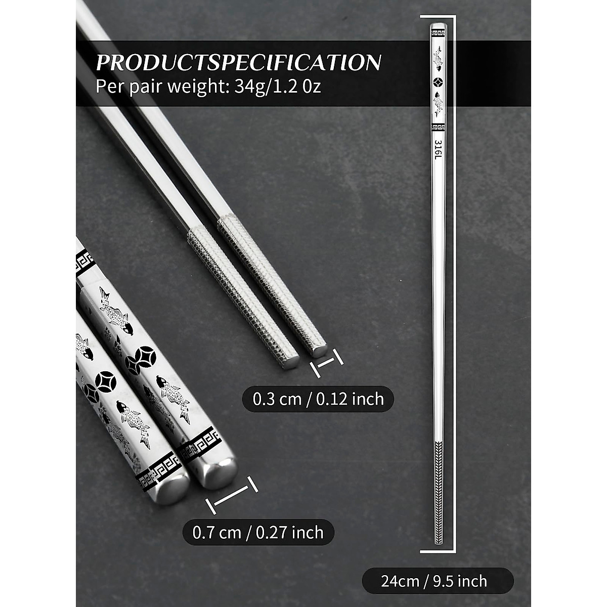 5 Pairs Metal Chopsticks, Reusable 316L Stainless Steel Chopsticks with Laser Engraved Non-Slip, Lightweight Square Design, Japanese Chinese Korean Design, Dishwasher Safe, Gift Set, Fish Pattern