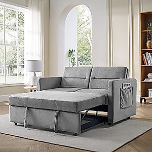 Polibi 54.5'' Modern Convertible Sleeper Sofa Bed with Two Arm Pockets, Fabric Sofa w/Pull-Out Bed Loveseat Sofa Couch and Adjustable Back for Living Room (Grey)