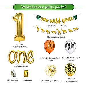 NAIWOXI Wild One Birthday Decorations, Jungle Theme Party Supplies Include High Chair Banner, Wild One Backdrop, Balloon Box, Crown, Garland, Balloons, Topper, Animal Safari First Birthday Decorations