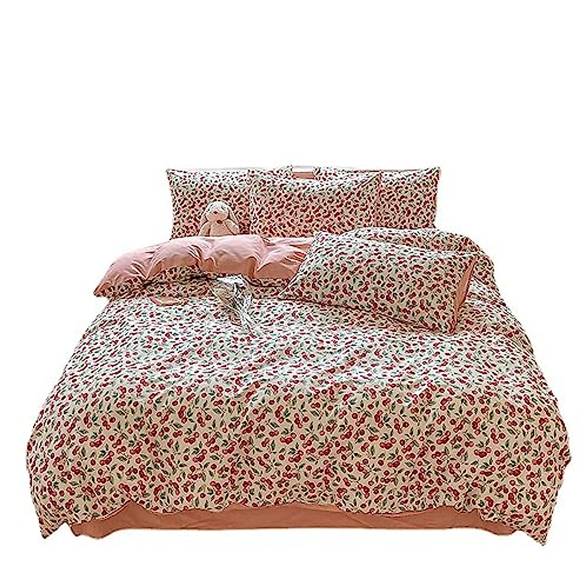 Cherry Duvet Cover Set, 100% Cotton Pure Cotton Printing，Home Standard Four-piece Bedding Set Decorative, Deep Pocket, Warm, Super Soft, Breathable Sheets with 2 Pillow Shams, Red ( Size : A1.8m4pcs )
