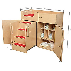 Wood Designs Toddler Changing Table with Step Stool and Safety Strap for Nursery, Baby Diaper Changing Station with Red Cushion, Greengaurd Gold Certified
