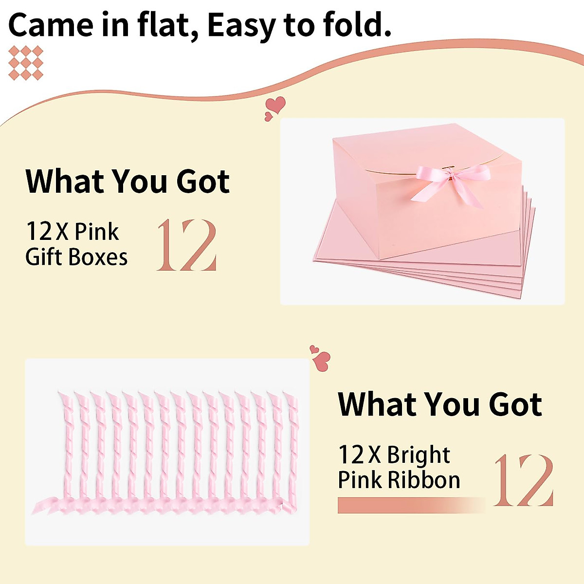 WLUSEAXI 12pack Gift Boxes with Lids,Pink Gift Boxes Bulk with Bow Ribbon,Bridesmaid Proposal Box for Presents Kraft Paper Gift Boxes for Wedding,Christmas,Halloween,Baby Shower