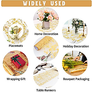 Gold Table Runner 11" x 360", Plentiful Sequin Glitter Foil Metallic Thin Mesh Table Runner Roll Can Meet Your Different Needs, Gold Table Runner for Birthday Party Wedding Christmas Table Decor