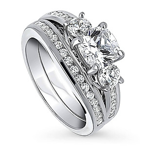 BERRICLE Sterling Silver 3-Stone Wedding Engagement Rings Cushion Cut Cubic Zirconia CZ Ring Set for Women, Rhodium Plated Size 7