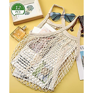 12 Pieces Reusable Mesh Grocery Bags Portable Cotton Mesh Produce Bags Washable Net Bag Mesh Reusable Tote Bag with Handle String Shopping Organizer Bag for Fruit Vegetable Shopping Storage Market