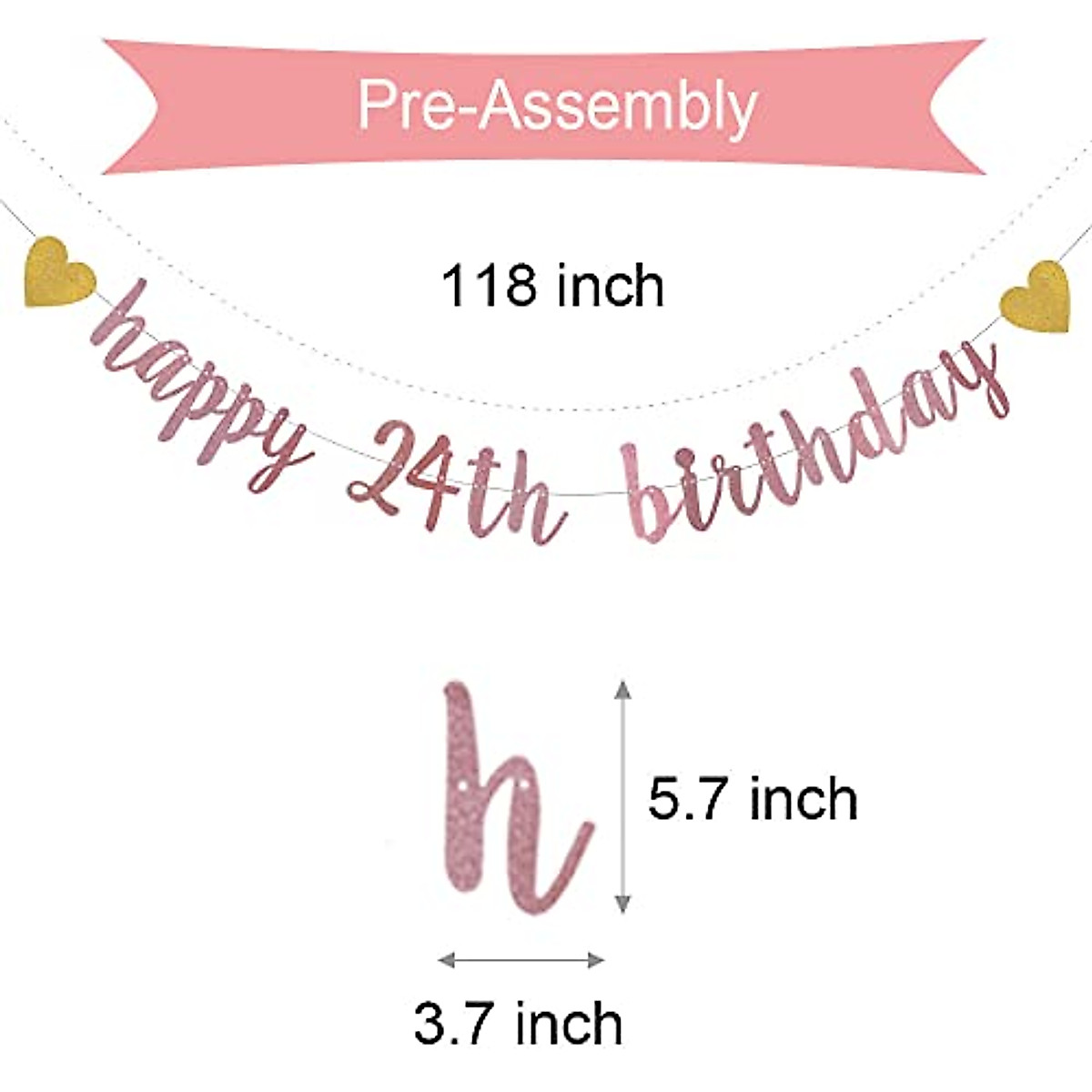 XIAOLUOLY Rose Gold Glitter Banner,Pre-Strung,24th Birthday Party Decorations Bunting Sign Backdrops,Happy 24th Birthday