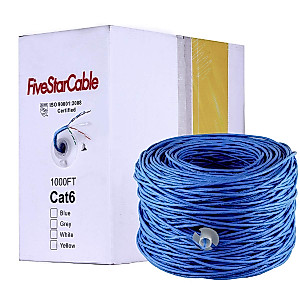FiveStarCable Cat6 1000ft Twisted Pair 23AWG Solid UTP Network Ethernet Router Cable, 550Mhz, PVC RJ45 Wire Bulk Pull Box, Blue