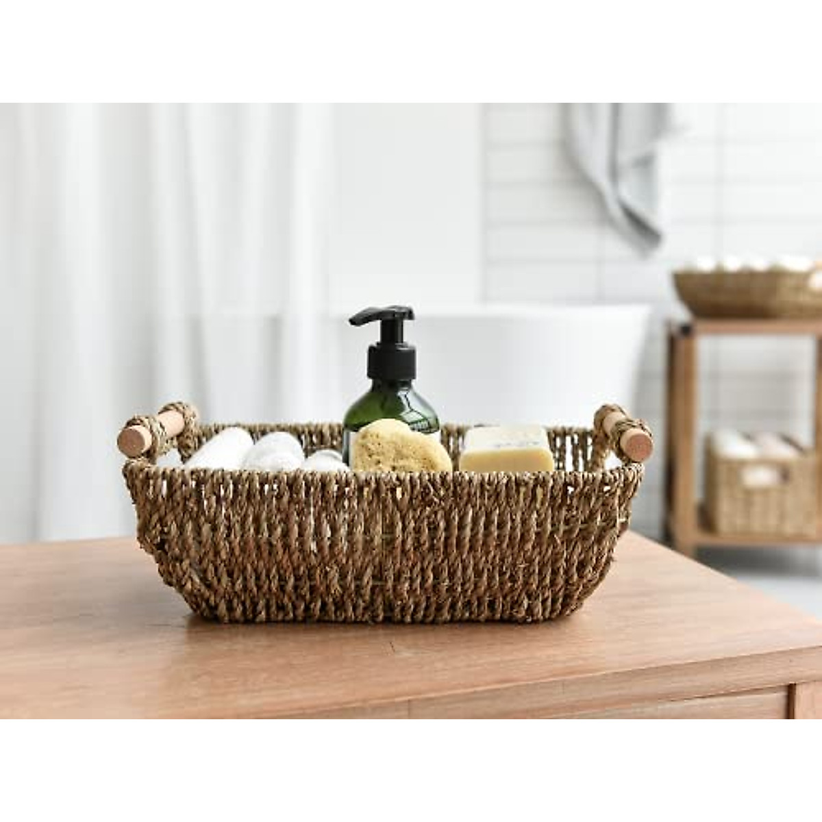 StorageWorks Small Wicker Baskets, Handwoven Baskets for Storage, Seagrass Rattan Baskets with Wooden Handles, 2-Pack