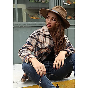 Women Classic Flannel Plaid Jacket Button Down Boyfriend Long Sleeve Lapel Shirts Casual Blouses Tops (Orange, Medium)