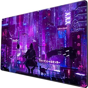 Anime Neon Mouse Pad Purple City Gaming Desk Big Cute Kawaii Pink Extended Mouse Pad Gaming,Office Keyboard Pc Laptop Mousepad Large 31.5x15.7 in-with Stitched Eges Non-Slip Base Mouse Pads Mat