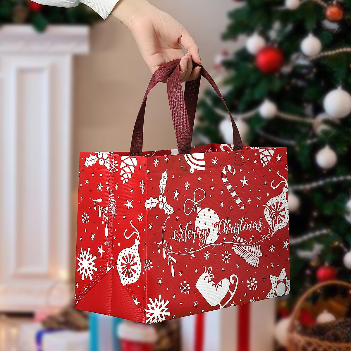 Christmas Gift Bags 16 packs, Christmas Tote Bags Medium Size Holiday Gift Bags with Handle, Reusable Non-Woven Shopping Bags for Xmas Gifts Wrapping Party Supplies Open Size 12.4*9.84*6.69 in