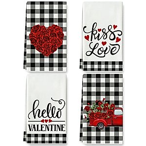AnyDesign Valentine's Day Kitchen Towel Truck Rose Flower Dish Towel 18 x 28 Inch White Black Buffalo Plaids Hand Drying Towel Tea Towel for Wedding Anniversary Cooking Baking, Set of 4