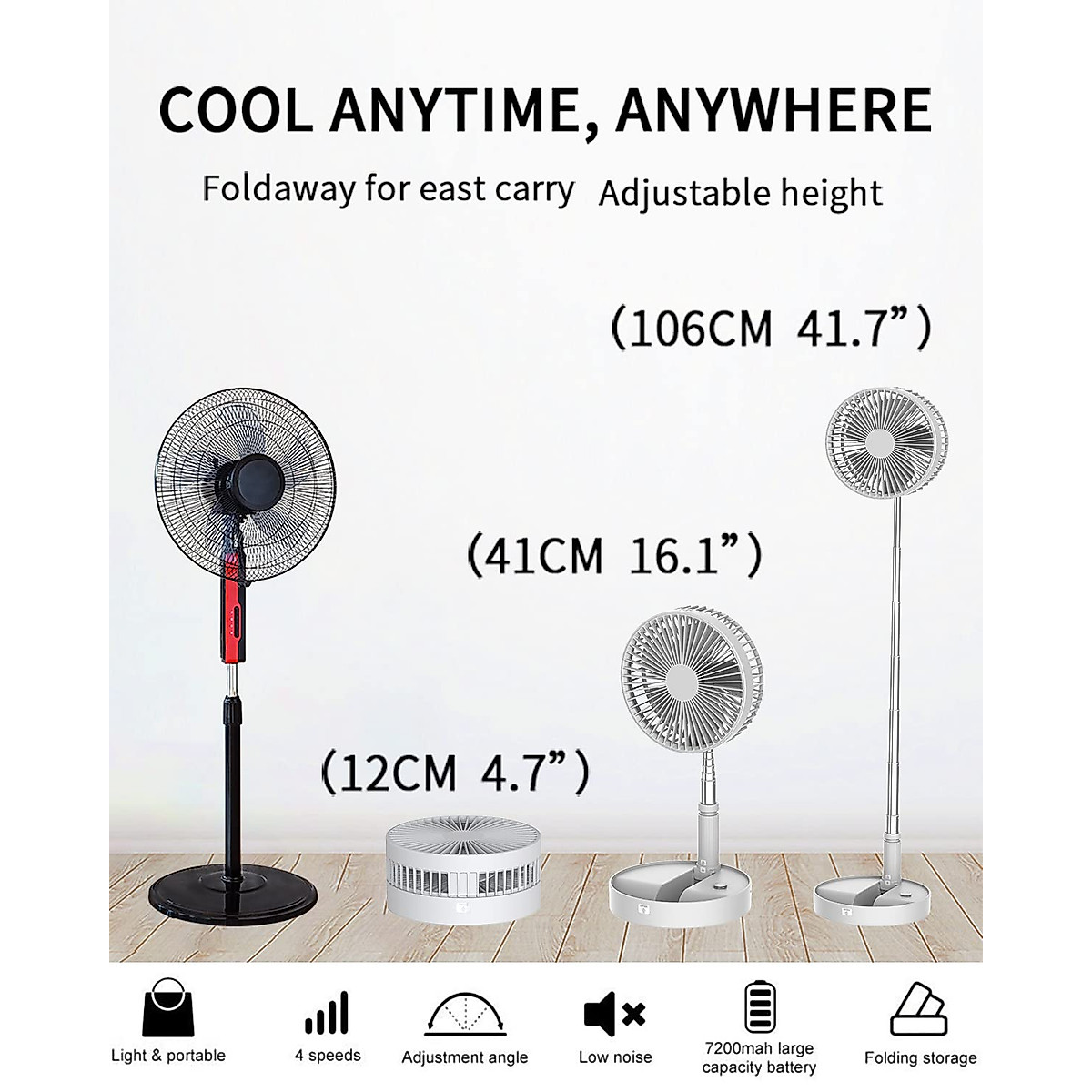 UN UNITEDTIME Desk and table fan, Foldable Fans Portable Travel Fan Battery Operated or USB Powered,Adjustable Height,My Foldaway fan with remote Control Timer 4 Speed Settings (White)