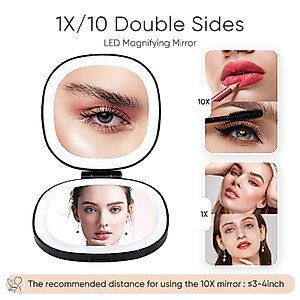 KEDSUM Lighted Travel Makeup Mirror, 1X/10X Magnifying Compact Mirror with Rechargeable LED Lights, Dimmable Double Sided Folding Mirror, Portable, Large, Daylight, USB Charging (Black)