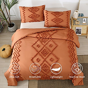 URBONUR Terracotta Duvet Cover Set King Size Burnt Orange, 3PCS Textured Tufted Bedding Set, Geometric Diamond Pattern, Ultra Soft Microfiber Duvet Cover with Zipper Closure, (Rust, King)