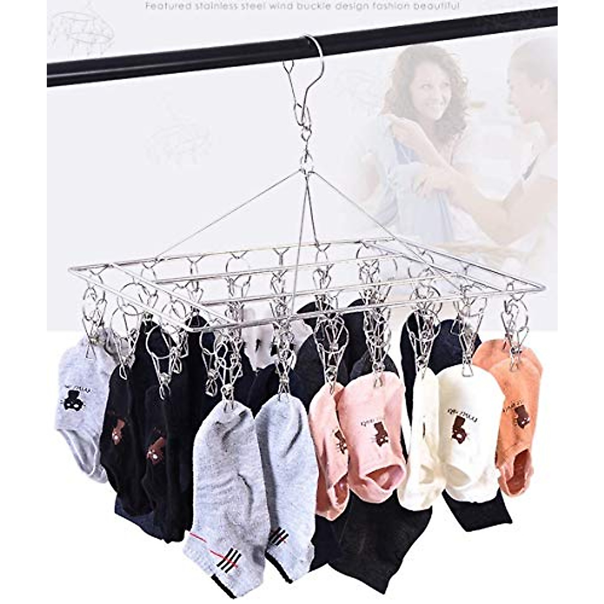 Stainless Steel Sock Drying Rack with 36 Clips, Swivel Hook Wind-Proof Clothes Hanger Rack for Sock, Bras, Underwear, Laundry Accessories