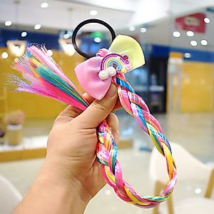 6Pcs Girls Colored Braids Hair Extensions with Rubber Bands, Rainbow Braided Hairpieces Hair Bows Wig Ponytails Kids Favor DIY Hair Accessories for Girls Gift Birthday Party Cosplay Daily Dress Up