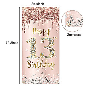 Happy 13th Birthday Door Banner Backdrop Decorations for Girls, Pink Rose Gold 13 Birthday Party Door Cover Sign Supplies, Thirteenth Year Old Birthday Poster Background Photo Booth Props Decor