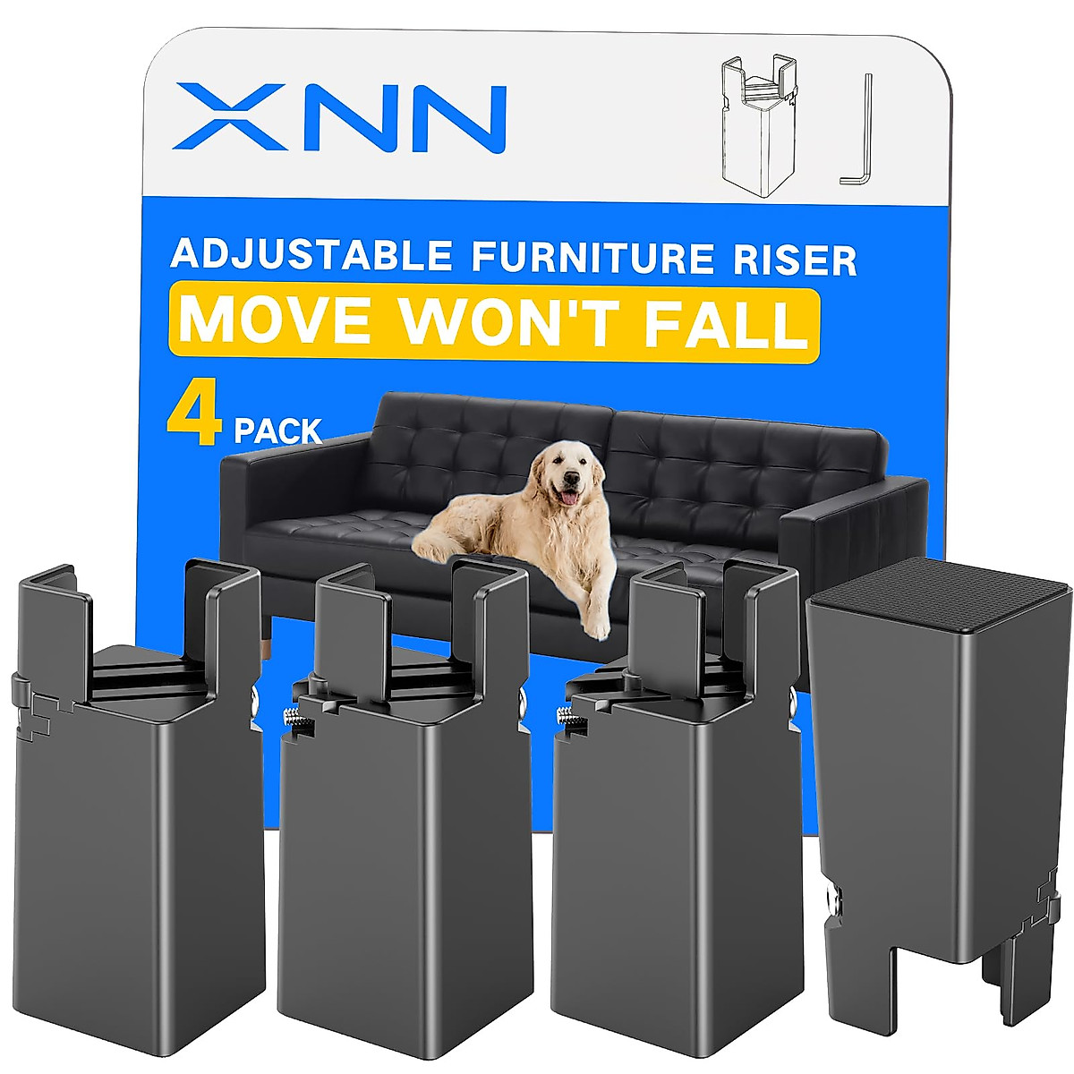 XNN Furniture Risers Adjustable Bed Risers 4 Inch with Screw Clamps, Chair Risers, Fit Small Furniture Legs Diameter from 0.8"-1.6" Table Leg Extenders, Desk Sofa Risers, Supports 20000 LBS (4 Pack)