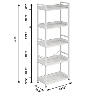 4NM Open Shelf 5-Tier Industrial Bookshelf Storage Shelves Vintage Bookcase Standing Racks for Home Office Pantry Closet Kitchen Laundry - All White