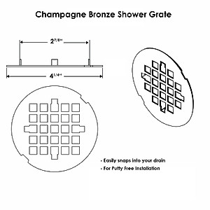 LXLOTUS 4 ¼” Polished Gold Snap-in Shower Drain Cover - Polished Brass Replacement - 4.25" OD Shower Drain Strainer - Easy Install - Premium Round Shower Drain Cover - Solid Brass Construction