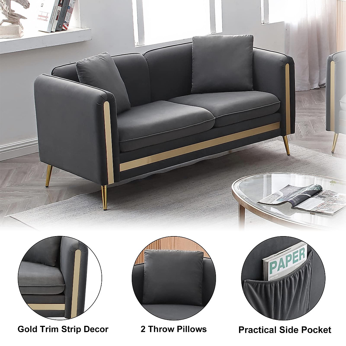 Homtique Modern Velvet Loveseat Sofa, 59 Inch Upholstered Love Seats Furniture Sofa with Side Pocket and 2 Pillows, Gold Metal Legs Decor Small Couches for Living Room/Apartment/Office (Grey)