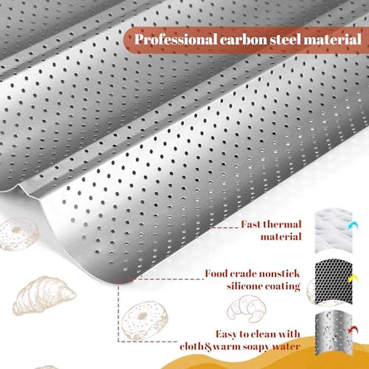 Mifoci 6 Pcs Non Stick Baguette Pan 15" x 13" Bread Pan Carbon Steel Mold Perforated 4 Wave Loaves Loaf Oven Tray for Sourdough French Bread Baking(Silver)