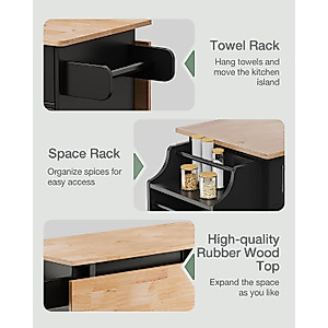 Qsun Kitchen Island with Storage, Kitchen Cart on 5 Universal Wheels, Mobile Kitchen Island with Rubber Wood Top and Side Rack (Black)