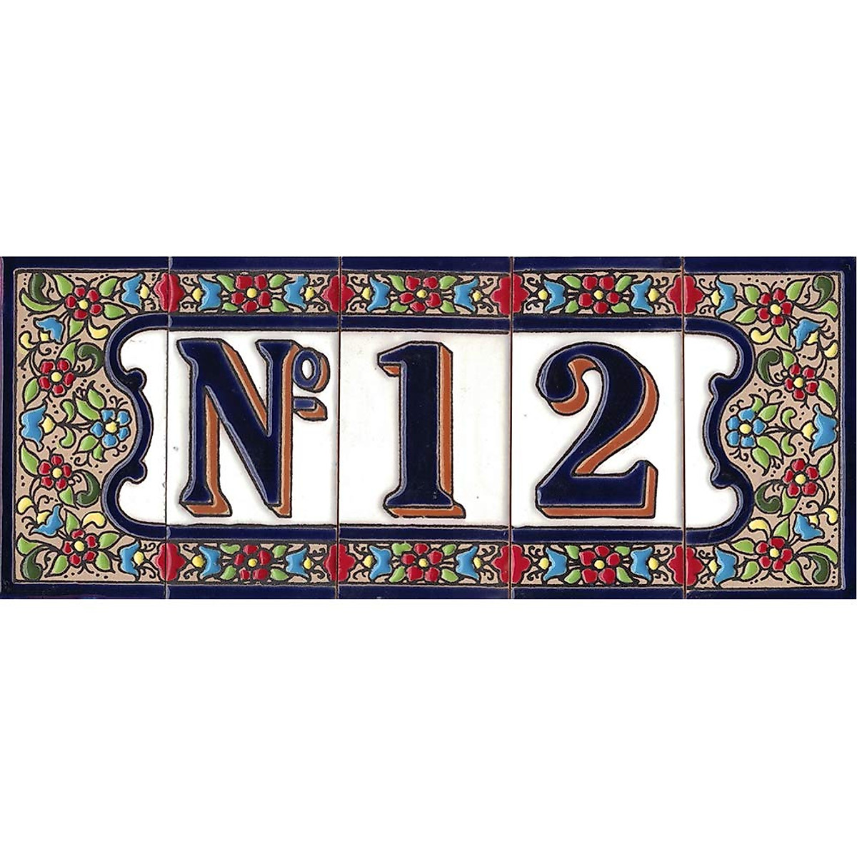 Toro del Oro - House Number - Number for House, Glazed Ceramic, Hand Painted Spanish Technique Cuerda Seca, Names and Addresses, Flower Model 5,5 x 10,5 cm (8)
