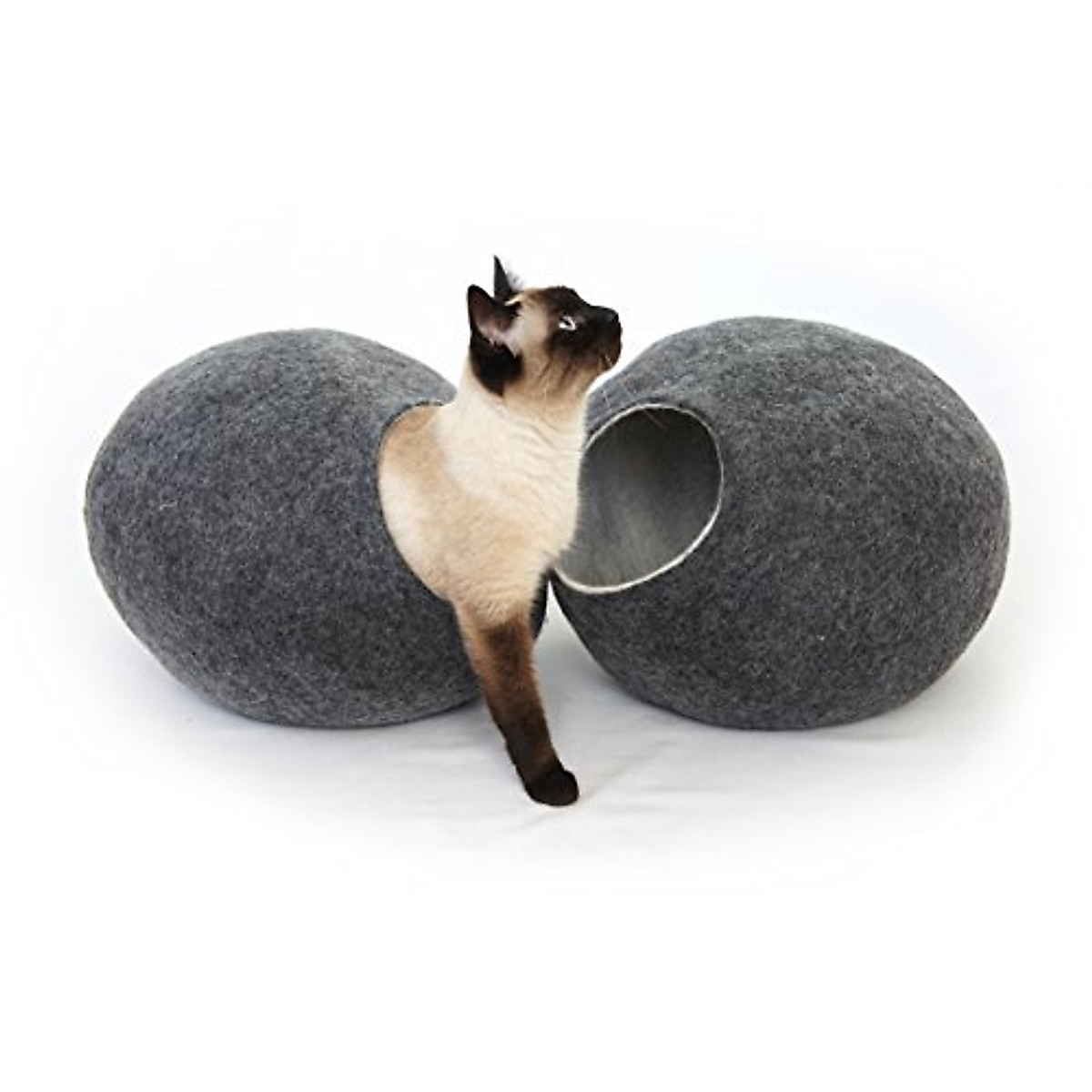 Kivikis Cat Bed, House, Cave, Nap Cocoon, Igloo, 100% Handmade from Sheep Wool (XL 17-26 pounds cat, Dark Gray)